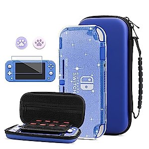 HYPERCASE Blue Hard Carrying Case Compatible with Nintendo Switch Lite, Portable Switch Travel Carry Case for Boys Girls with 8 Game Card Slots, TPU Glitter Shell, Screen Protector and 2 Jelly Caps.
