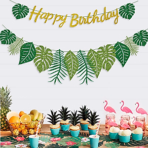 Hawaiian Party Happy Birthday Banner - Hawaiian Party Decoration, Birthday Banner for Luau Party Supplies, and Tropical Party Palm Leaf Decorations Glitter Decor