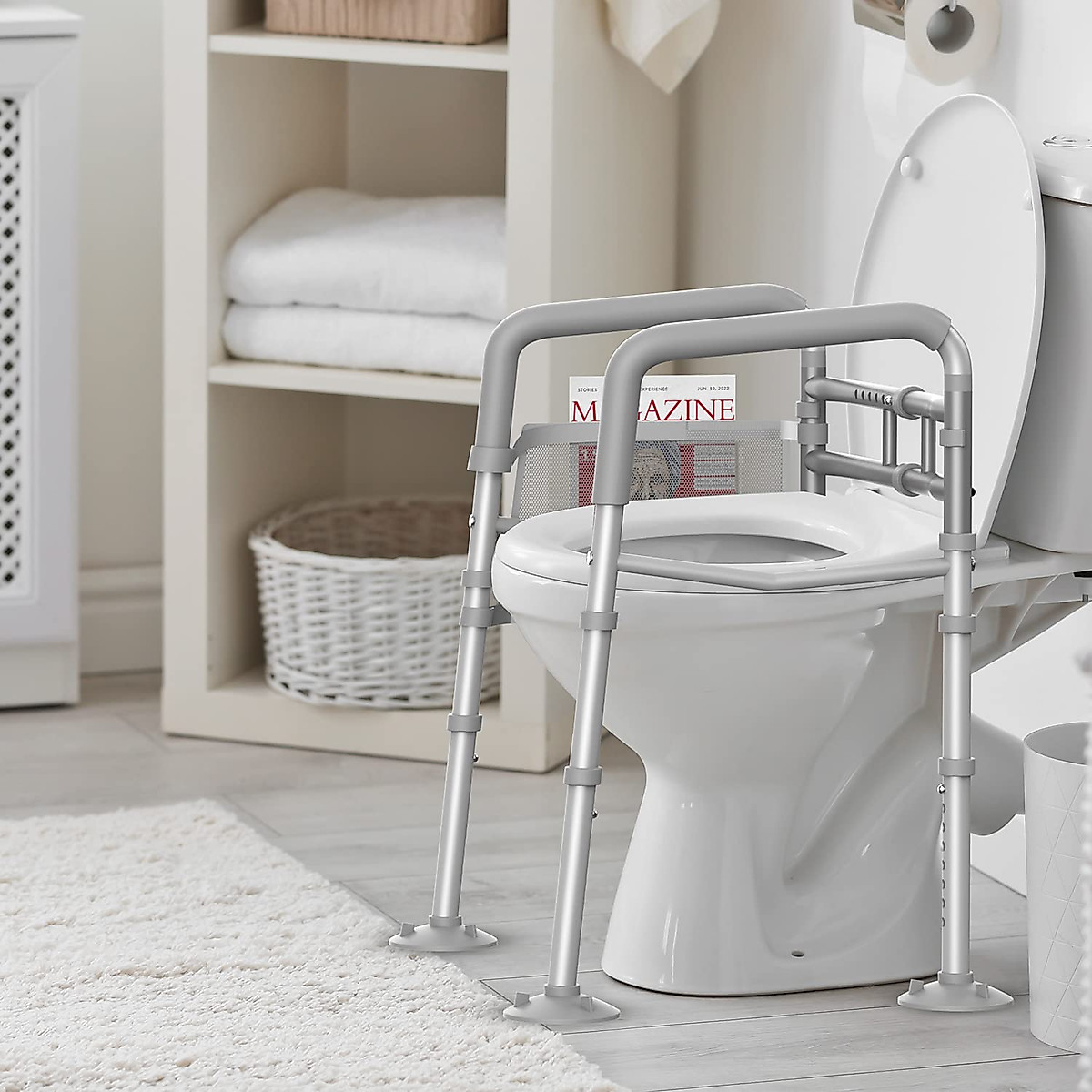 FSA/HSA Eligible Toilet Safety Rails - Adjustable and Foldable Toilet Rails for Elderly, Handicap Toilet Safety Frame with Handles, Fit Any Toilets - Silver Gray