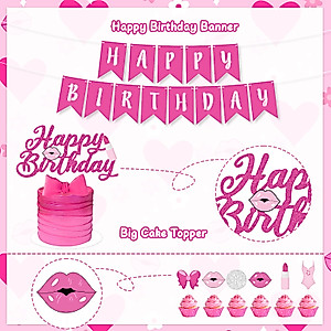 Hot Pink Girl Birthday Party Decorations, Pink Disco Ball Bow Princess Balloon Arch, Pink Happy Birthday Banner, Hanging Swirls, Cake Toppers for Princess Birthday Baby Shower Bachelorette Party Decor