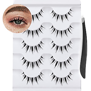 FANXITON Natural Lashes 14MM Manga Lashes with Clear Band 5 Pairs Japanese Lashes Makeup Short 3D False Eyelashes with Applicator