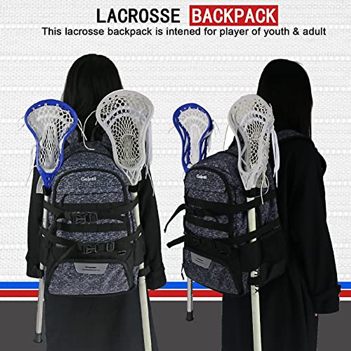 Goloni | Large Lacrosse Equipment Backpack with Two Sticks holder and Separate Cleats Compartment Field Hockey Bag