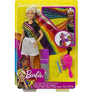 Barbie Doll, Rainbow Sparkle Hair with Extra Long 7.5-Inch Blonde Rainbow Hair, Sparkle Gel & Comb with Styling Accessories