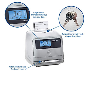Pyramid Time Systems Model 4000 Auto Totaling Time Clock, 50 Employees, Includes 25 time Cards, Ribbon, 2 Security Keys and User Guide, Made in USA, Silver, "7.25""h x 7""w x 6.75"" d"