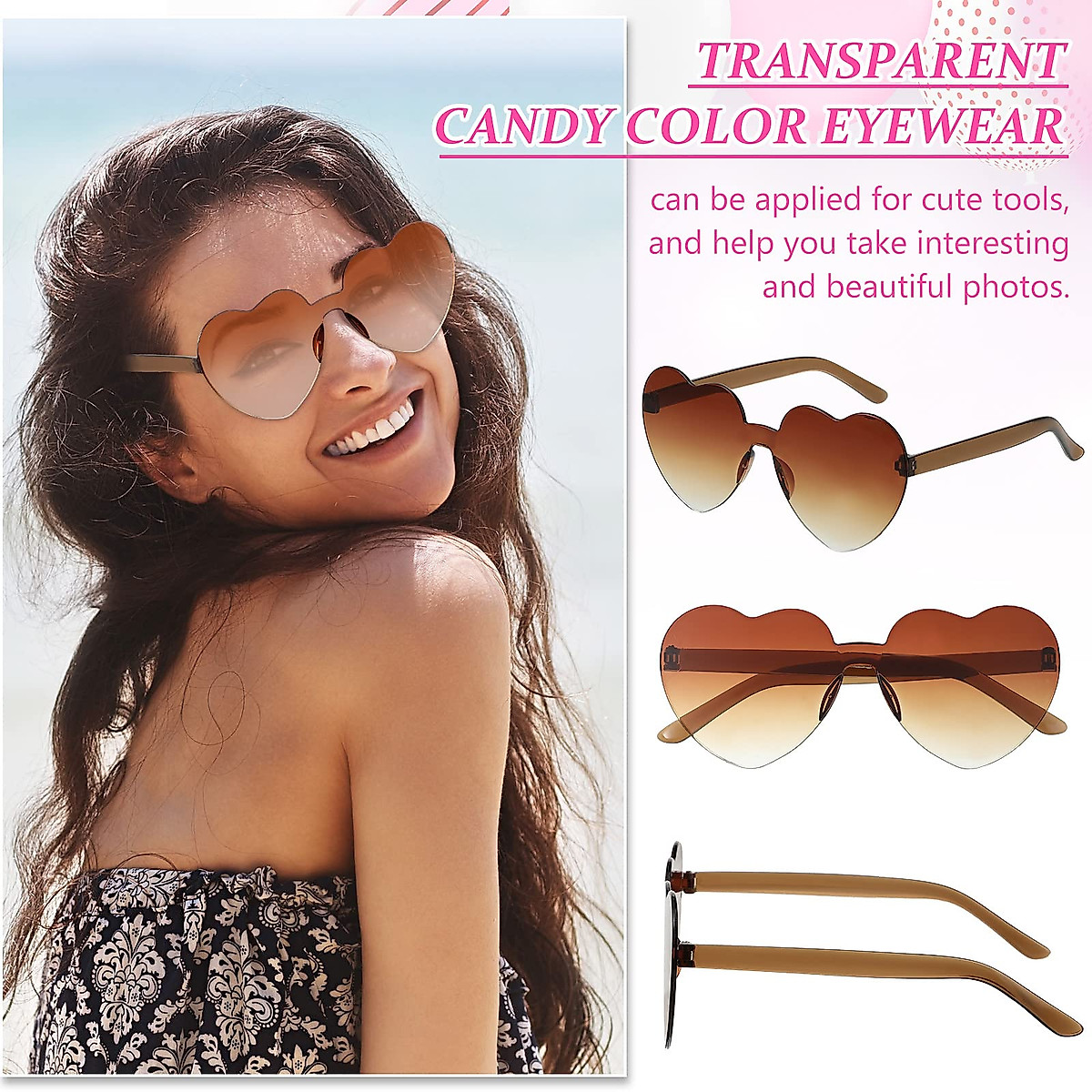 Zhengmy 100 Pairs Heart Glasses Heart Shaped Rimless Sunglasses Transparent Candy Color Heart Sunglasses Eyewear for Women Girls