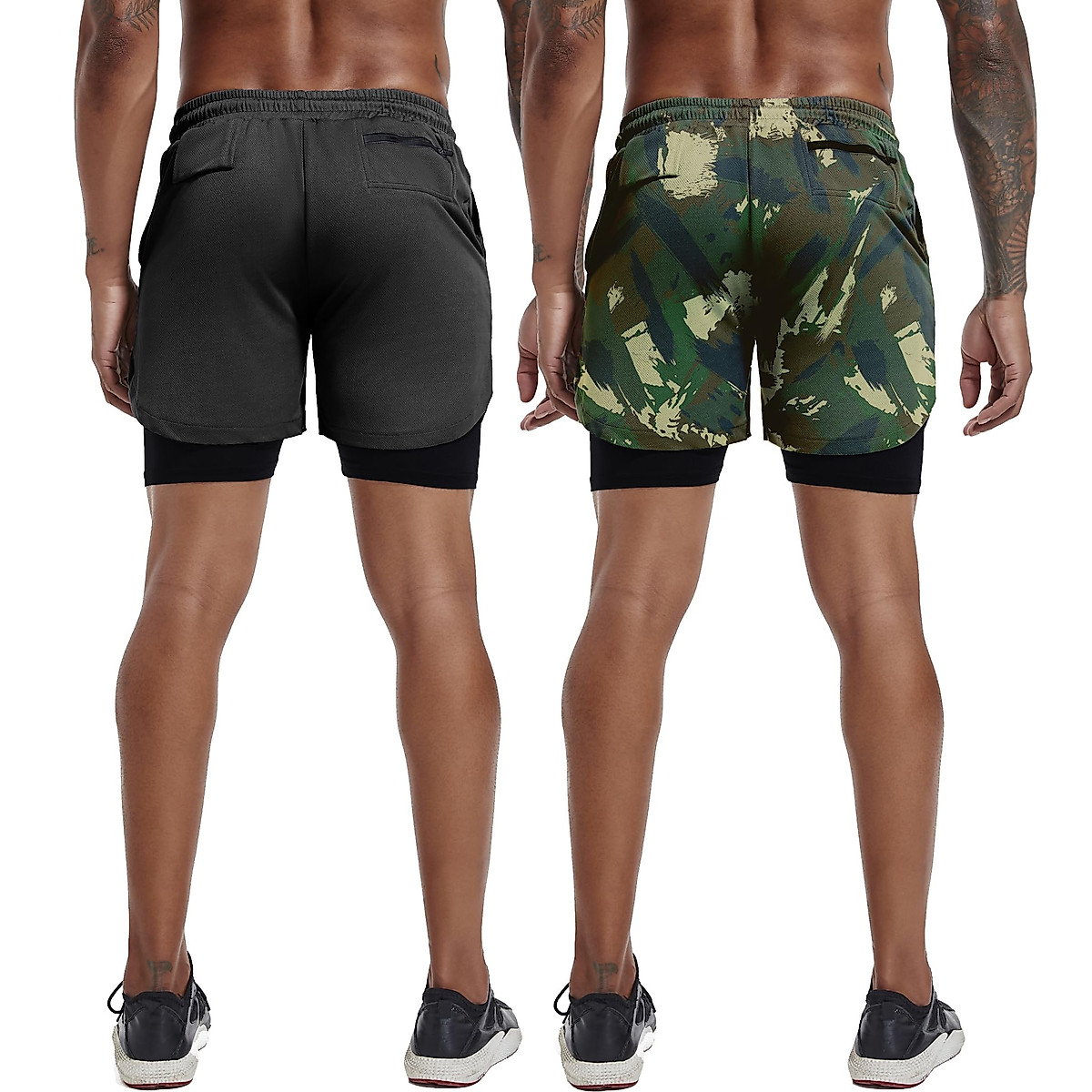 GYMELITE Men's 2 in 1 Workout Running Shorts 7" Gym Yoga Active Sports Shorts Lightweight Training with Phone Pockets(BKCGN M)