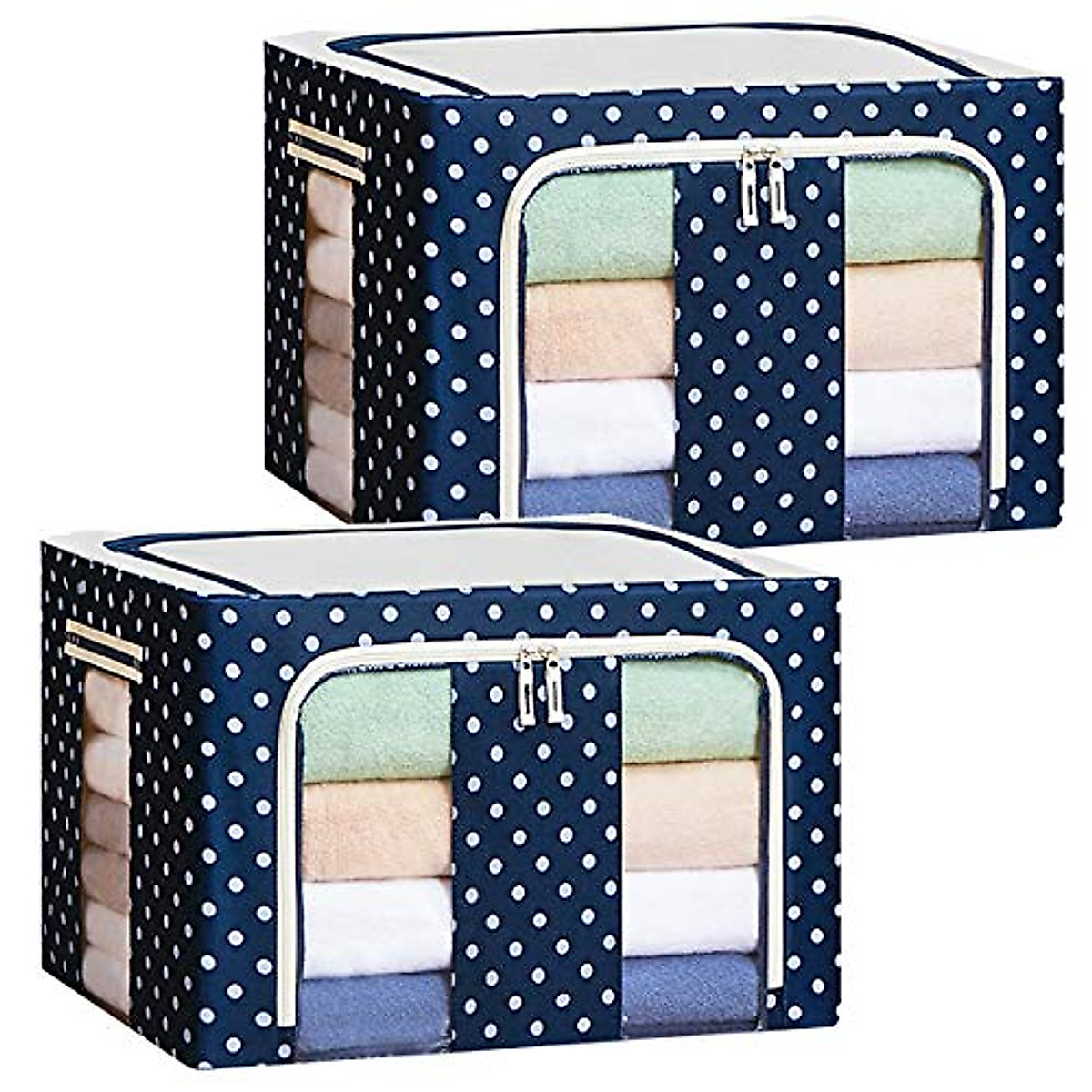 Storage Bags For Clothes 26.42gal 2Pcs Foldable Storage Cubes Boxes With Lids Sturdy Zipper Clear Window and Reinforced Handles for Blanket Clothing Sweater Pillow Underbed Storage Bags (23.6''×16.5''×15.7'', Blue)