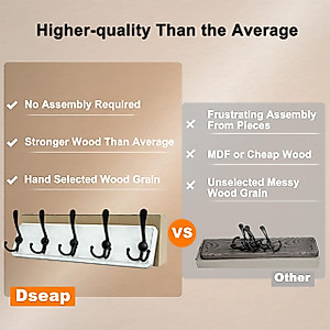 Dseap Coat Rack Wall Mounted - 5 Tri Hooks, Heavy Duty, Wooden Wall Coat Hanger Coat Hook for Clothes Hat Jacket Clothing, Natural & Black, 2 Packs