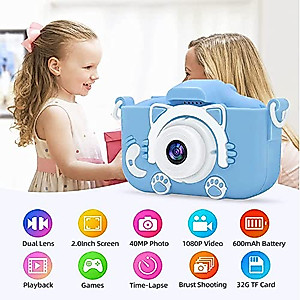 YUE3000 Upgrade Kids cat Camera,Gifts for Boys and Girls of Age 3-9, 1080P HD Digital Video Cameras for Toddler, 20M high -Definition Digital Camera, Suitable for Portable Toys with 32GB SD Card-Blue