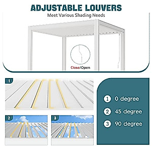 QAQA 10 X 10 FT Louvered Pergola with Adjustable Roof, Aluminum Outdoor Pergola Gazebo with Hardtop for Patio, Garden and Deck, White