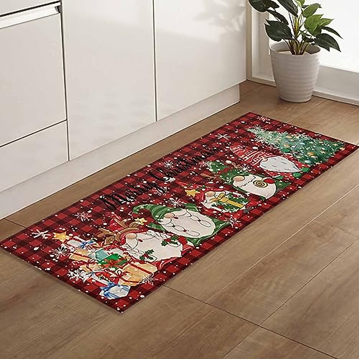 Christmas 2Pcs Kitchen Rugs Anti Fatigue Kitchen Mat Non Slip Rug Runner Comfort Standing Floor Mats Kitchen Carpet Set for Sink Laundry - Christmas Red Truck Pull Gnome Xmas Tree Red Buffalo Plaid