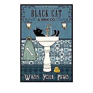 Black Cat ，Wash Your Paws Retro Metal Tin Sign Vintage Aluminum Sign for Home Coffee Wall Decor 8x12 Inch