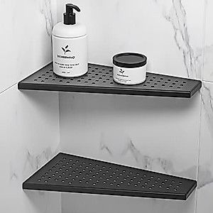 Bernkot Corner Shower Shelf Matte Black 12" 304 Stainless Steel Quadrilateral Floating Shelf Grid Design Recessed Bathroom Shelf for Tiled Wall, No Drilling，2 Pack