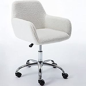 Home Office Desk Chair Height Adjustable - Faux Fur Desk Chair Wheels Swivel Rolling Office Chair, Modern Cute Computer Task Chair, Accent Chair Fluffy Desk Chair White Vanity Chair for Women, Girls