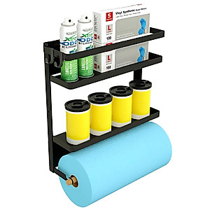 Paper Towel Holder with Shelf, 2-in-1 Magnetic Shelf, Heavy Duty Rustic Paper Towel Holder with 2 Removable Hooks, Tissue Holder for Tool Shed, Garage, Workbench, Kitchen, Craft Room, or Laundry Room