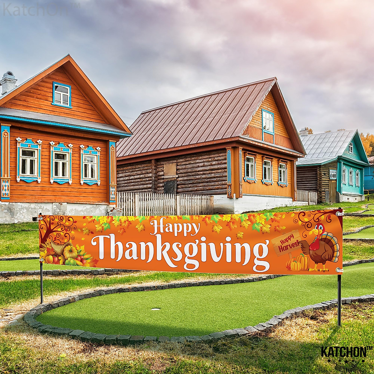 KatchOn, Happy Thanksgiving Yard Banner - Xtralarge, 120x20 Inch | Thanksgiving Banner Outdoor, Thanksgiving Outdoor Decorations | Thanksgiving Yard Signs Backdrop for Thanksgiving Yard Decorations