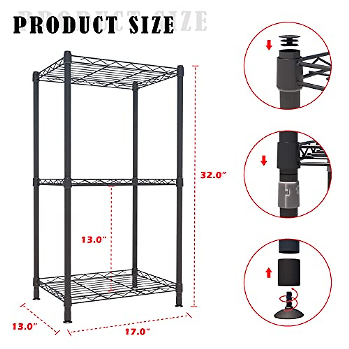 ZHAZHADI 3 Tier Fixed Layer Spacing Storage Shelf Metal Storage Rack Wire Shelving Unit Storage Shelves Metal 396Lbs Capacity 17" L x 13" W x 32" H for Pantry Closet Kitchen Laundry Black