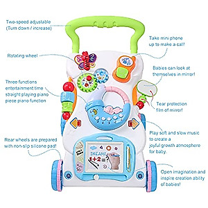 2 in 1 Sit to Stand Baby Walker with Music and Light, Toddler Push Toys for Learning to Walk, with Removable Drawing Board, Music Piano, Mini Phone for 6 Months Up Baby Boys Girls