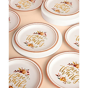 xo, Fetti Thanksgiving Gold Foil Plates - 25 count | Give Thanks Decorations, 9" Dinner Plate, Autumn Leaves, Pumpkins, Fall Table Decor