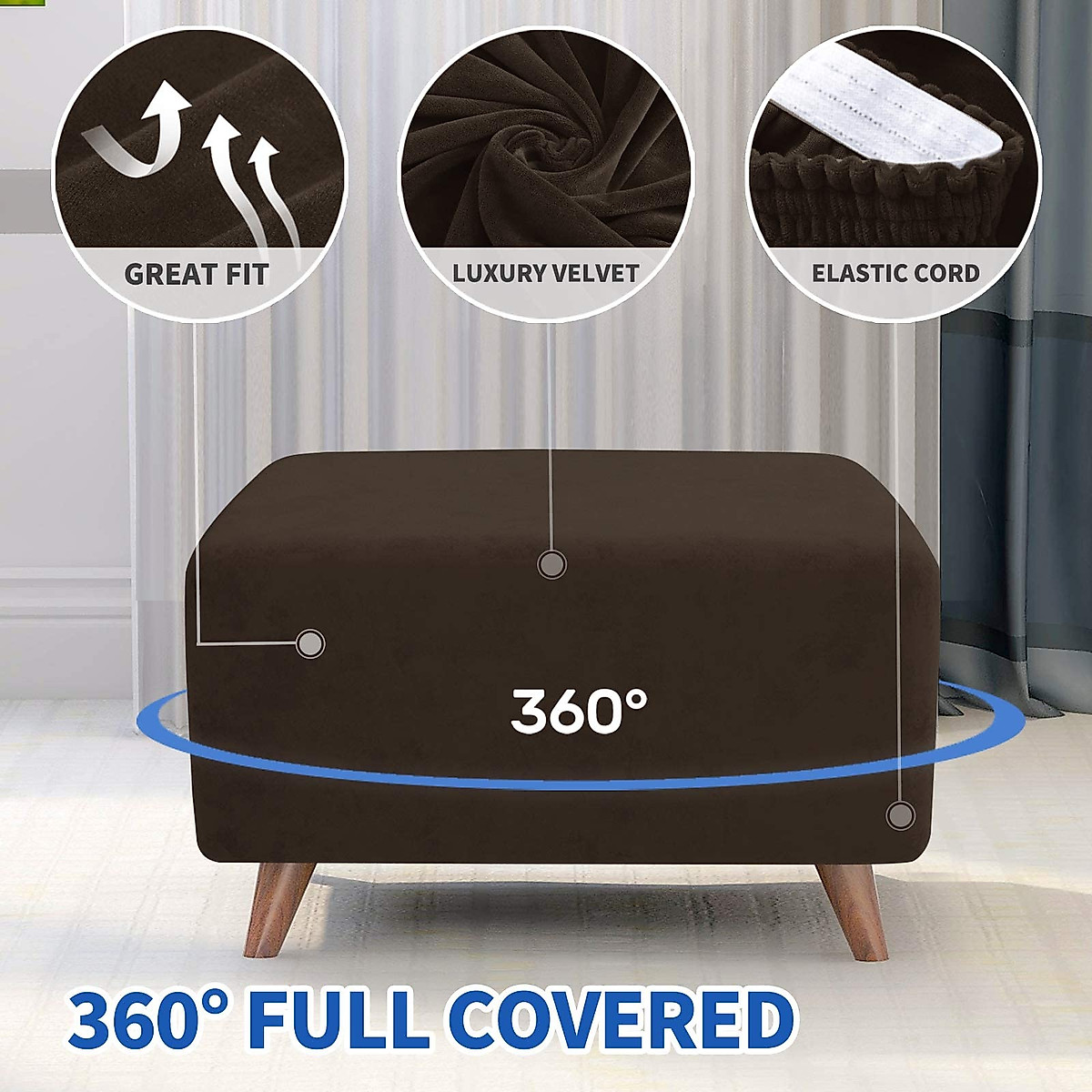 MAXIJIN Velvet Ottoman Slipcover Oversized Stretch Square Rectangle Footstool Slipcover Folding Storage Ottoman Covers for Living Room with Elastic Bottom (Ottoman X-Large, Dark Coffee)