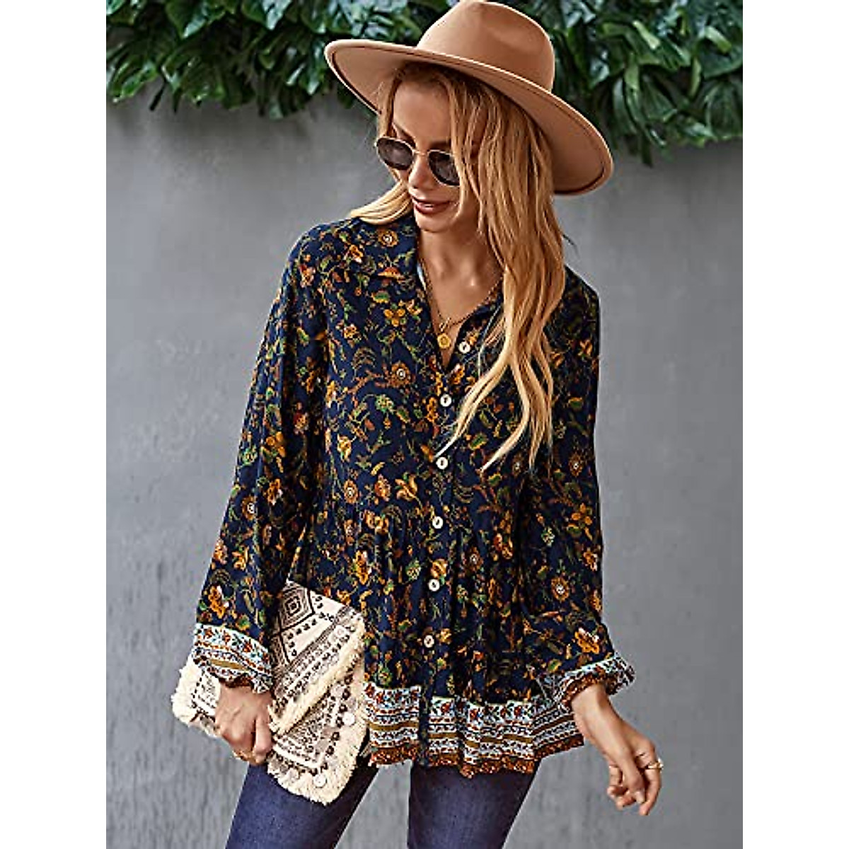 KAYWIDE Women's Casual Boho V Neck Top Loose Floral Printed Long Sleeve Beach Shirts Blouses (036-Blue, Large)