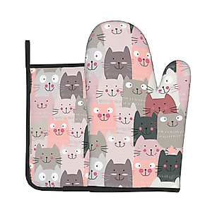 Oplp Funny Pink Cute Cats Oven Mitts and Pot Holders Heat Resistant Oven Mitts Safe for Baking Cooking BBQ