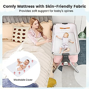 BABY JOY Bassinet, Portable Bedside Crib w/Mattress, Storage Basket, Built-in Pulleys, Adjustable Height & Travel Bag, Bassinet Bedside Sleeper for Newborn Infants (Pink)