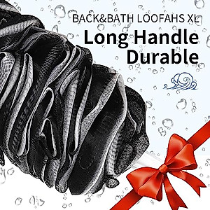 BCKENEY Bath Loofah Sponge Back Brush with Long Handle Extra Large 75g Soft Mesh Shower Poufs for Women & Men - Exfoliator Bathing Accessories (3Pcs 75G XL Charcoal Black)