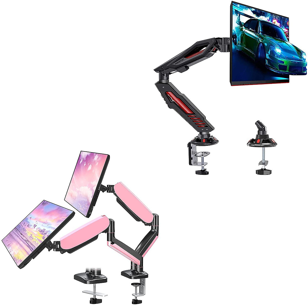 MOUNTUP Pink Dual Monitor Desk Mount& Gaming Single Monitor Stand Fully Adjustable Bundle for Computer Screen up to 32 inch, Holds up to 17.6lbs