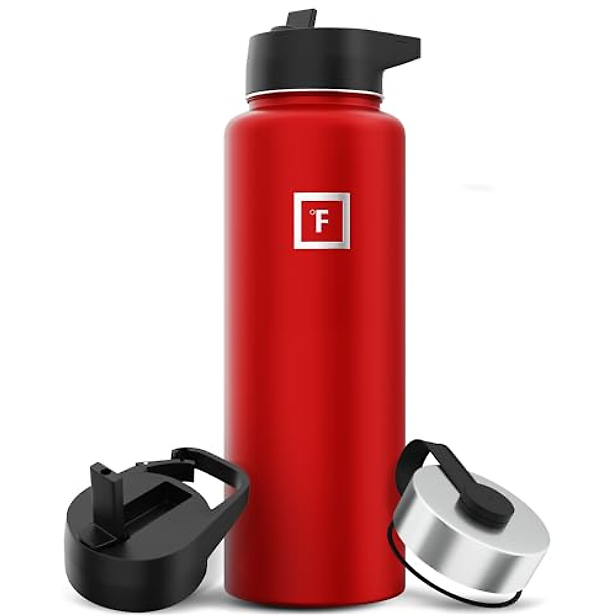 IRON °FLASK Camping & Hiking Hydration Flask with 3 Lids - Stainless Steel, Double Walled & Vacuum Insulated Water Bottle - Leak Proof & BPA Free (Fire Red, Straw - 40 oz)