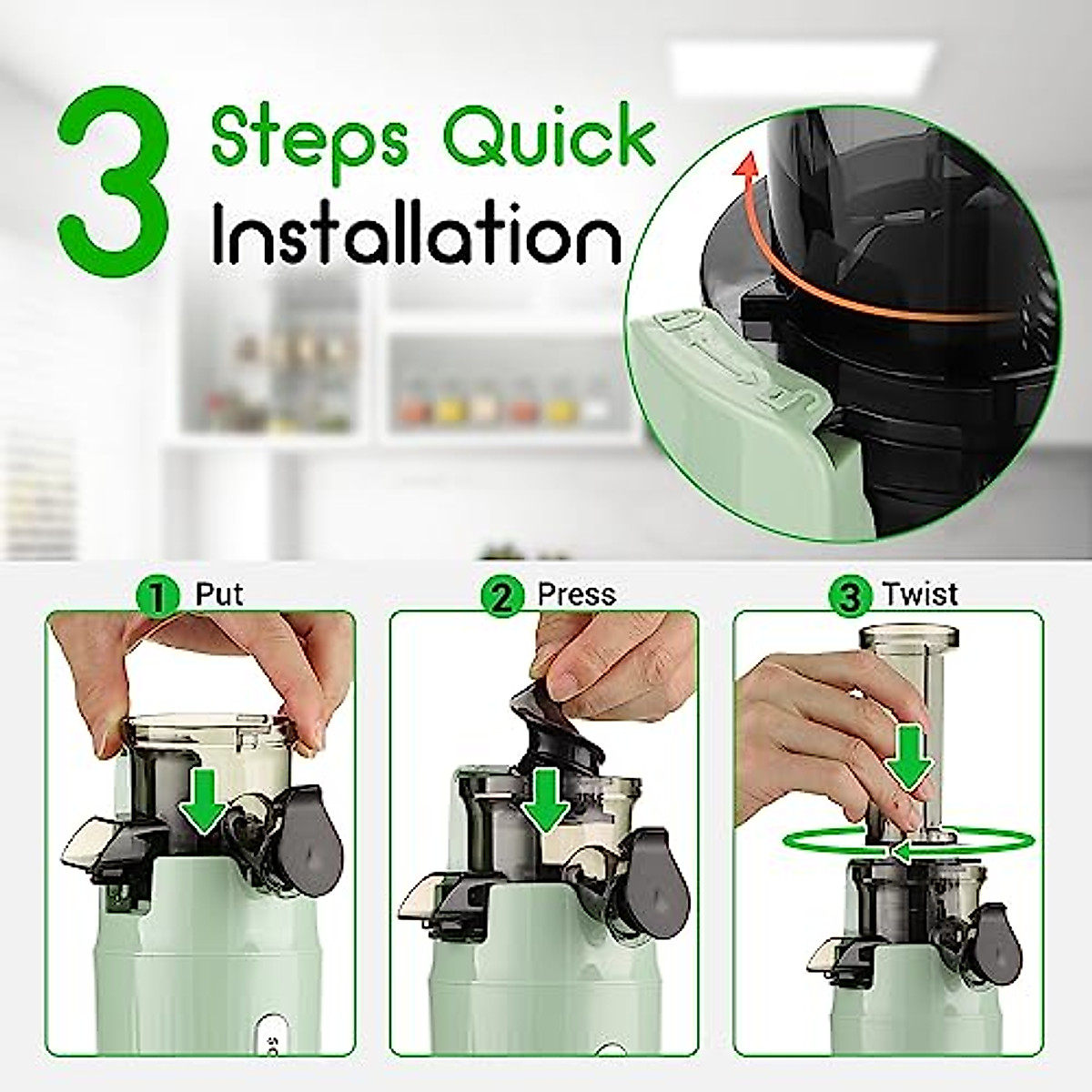 Juicer Machines-SOVIDER Compact Slow Masticating Juicer Extractor- 3.1" Wide Chute Cold Press Juicer for High Nutrient Fruits Vegetables Easy Clean with Brush| Pulp, Measuring Cup, Reverse Function (Dark Green) (Slow Masticating Juicers)