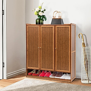 HYYKJ-US Modern Bamboo Shoe Storage Cabinet with Shutter Doors 8 Tier Freestanding Shoe Rack Shoe Floor Storage Organizer Rack for Entryway Living Room Bedroom 35.4" L×12.6" W×42.1" H