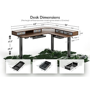 INNOVAR Triple Motor L Shaped Standing Desk with Drawers, Solid Wood Adjustable Corner Stand Up Desk, 63" Electric Standing Desk for Home Office, Black Frame/Brown Top