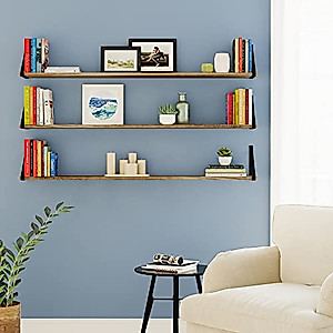 Wallniture Bora Long Floating Shelves, Wall Bookshelf Living Room Decor Book Shelves for Office, Kitchen Organization Bedroom Decor Burnt, 48"x6" Set of 3