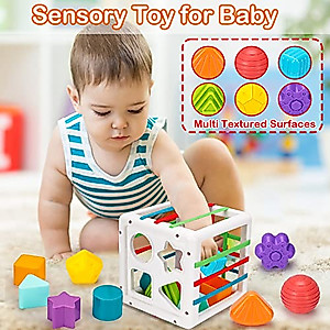 4 In 1 Baby Sensory Toys 6-12-18 Months, Montessori Pull String Infant Teething Toy 6 8 9 10 12 M+ Stacking Building Block Sensory Shape Bin Baby Learning Toys 3-6 Months Toddler Age 1-3 Girl Boy Gift