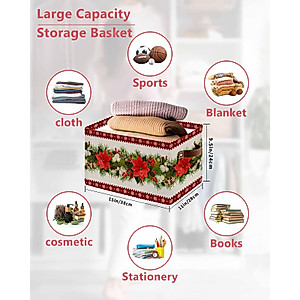 Anzona Christmas Poinsettia Storage Basket for Shelves, Xmas Floral Pine Needles Burlap Storage Cube Fabric Storage Bins, Closet Organizers with Handles for Book, Toys, Cloth, 15"x11"x9.5", 1 Pack
