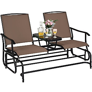 S AFSTAR 2-Person Outdoor Glider, Patio Glider Bench Chairs with Center Tempered Glass Table & Breathable Loveseat, Double Swing Glider Chair for Porch Garden Poolside Balcony Lawn (Brown)