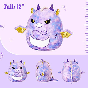Glow Guards Original 12" Dragon Plush Pillow Cute Dragon Stuffed Animal Soft Purple Tie-Dye Dragon Plush Toy Stuffed Dinosaur Birthday Gift for Boys Girls Kids,The Angry Dragon.
