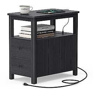 VASAGLE Side Table with Charging Station, Narrow Nightstand with 2 Drawers, Living Room End Table with Storage, for Small Spaces, Coastal Style, Charcoal Gray ULET322B22