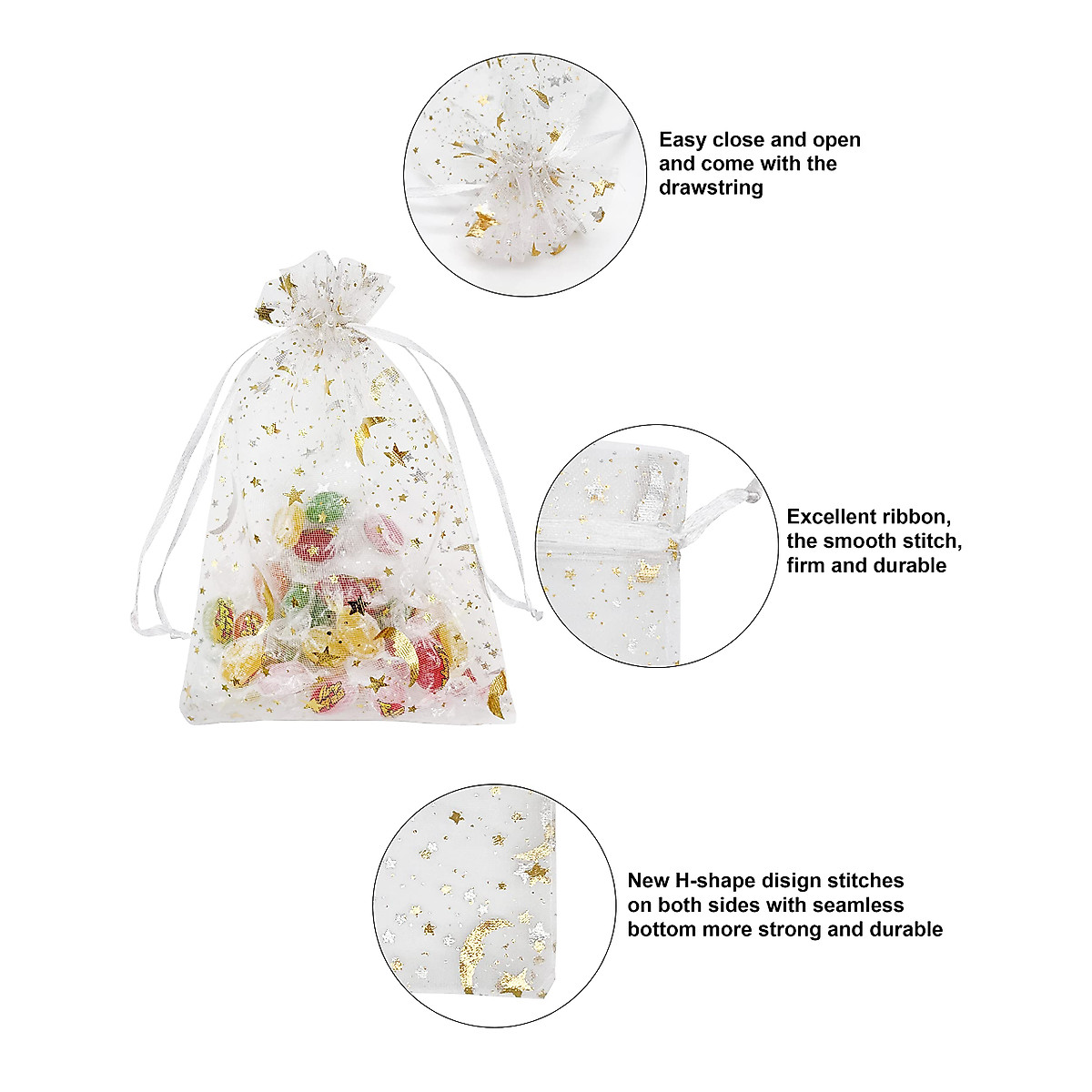 Jexila 100PCS Moon Star Organza Bags 5''X7'' White Mesh Drawstring Jewelry Gift Bags for Baby Shower Wedding Party Favor Candy Bags