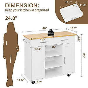 SUNLEI Kitchen Island on Wheels with Storage Cabinet & Drawer, 40" Kitchen Cart Cabinet with Shelves, Cart Handle for Towel Rack or Free Mobility, Portable Islands for Kitchen(White)