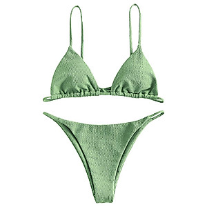 ZAFUL Womens Textured Tie String Bikini Swimwear Triangle Smocked Swimsuits Two Piece Set