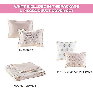 Intelligent Design Duvet Cover Queen Bedding Sets Chic Modern Metallic Swirl Marble Abstract Print Microfiber Bedding Queen Size Duvet Cover Set, Throw Pillows Rebecca, Full/Queen Blush/Gold 5 Piece