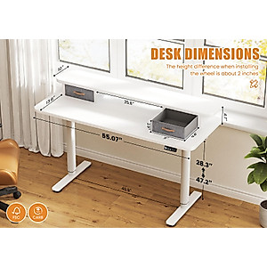Flycity Electric Standing Desk with Dual Drawers, 55" x 24" Height Adjustable Desk Sit Stand Desk with Memory Controller, Casters & 2 Hooks, Ergonomic Low Noise Home Office Desk, White
