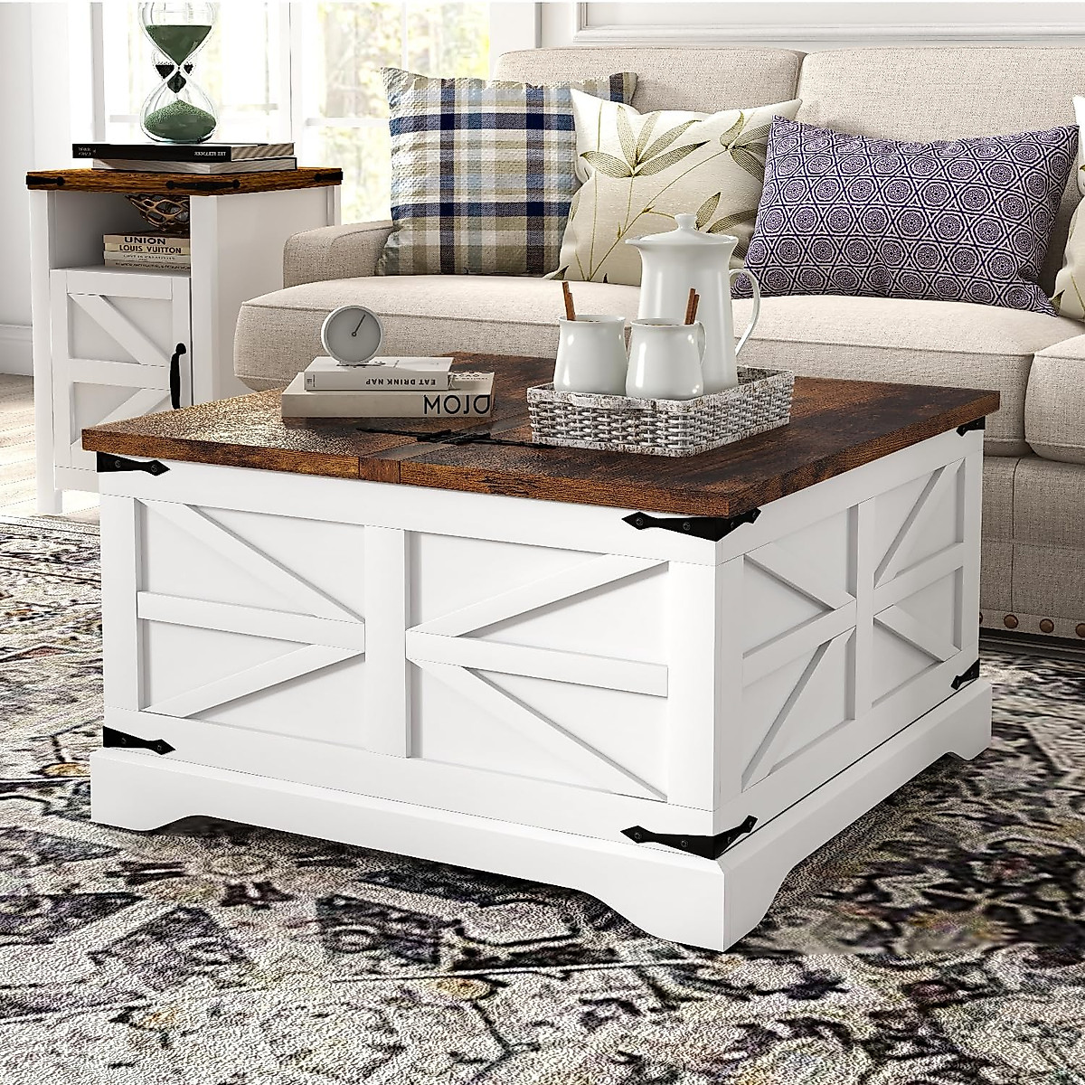 oneinmil Modern Farmhouse Coffee Table, Square Wood Center Table with Large Storage Space, Metal Corners, Z Shape, White