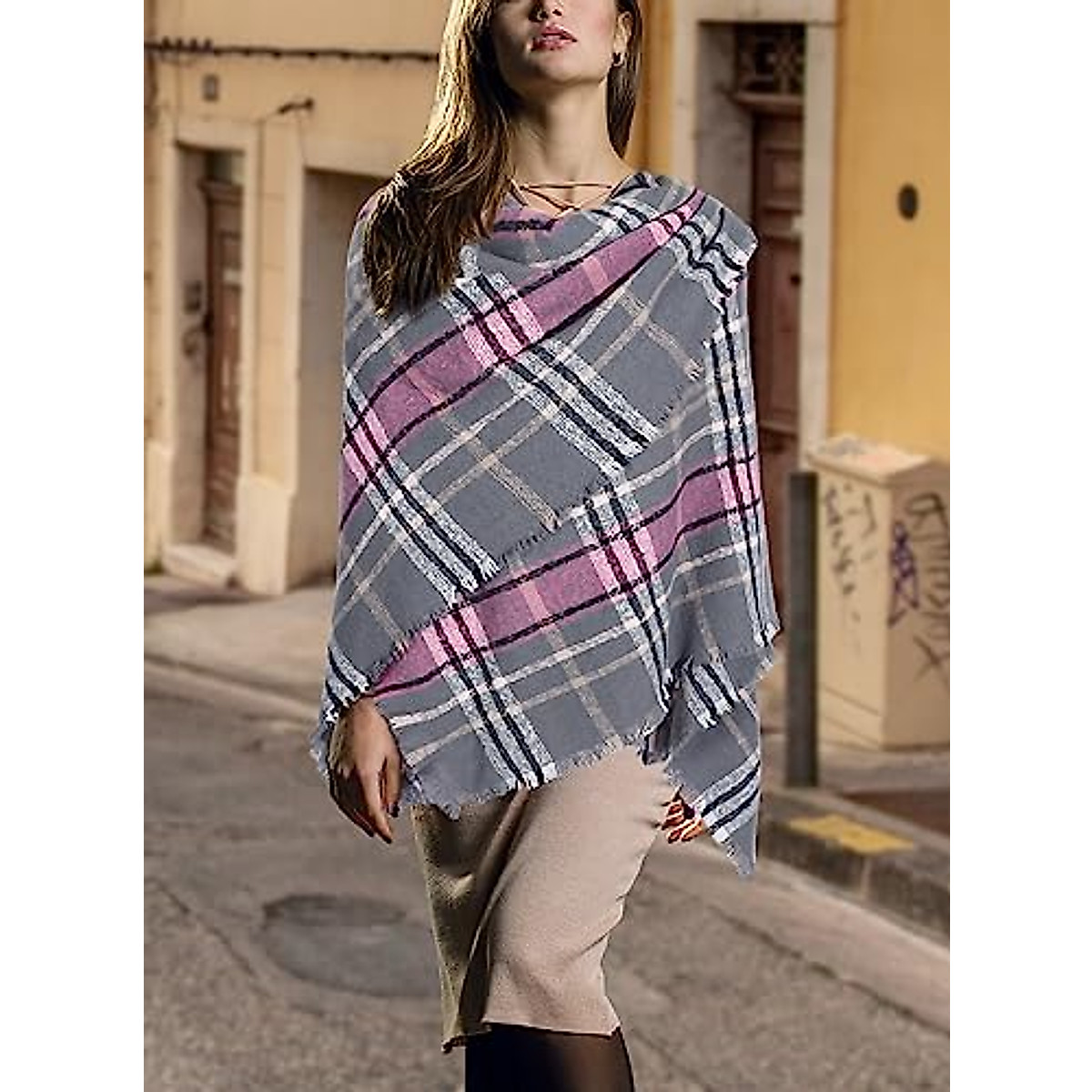 Bestshe Women's Boho Open Front Poncho Knitted Plaid Shawl Wrap Cape Tassel Cardigan Sweater