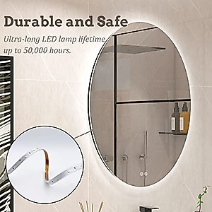 BuLife 28 X 20 Inch Oval Backlit LED Bathroom Mirror Anti-Fog 3 Colors Light Dimmable Wall Mounted Lighted Bathroom Vanity Mirror Smart Makeup Mirror with Touch Switch