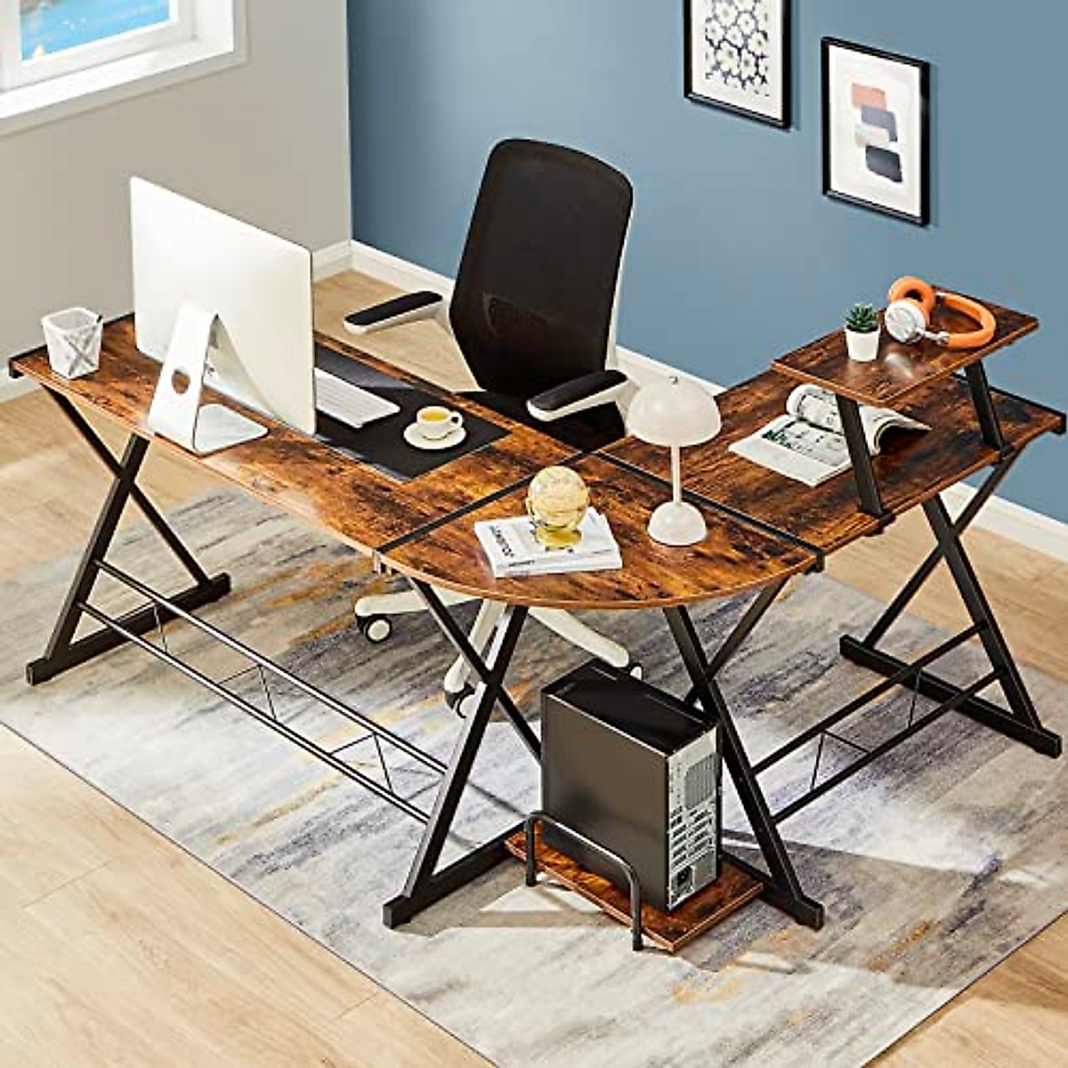 GreenForest L Shaped Computer Desk Reversible Corner Computer Desk 64 inch with Large Monitor Stand and CPU Stand, Rustic Brown