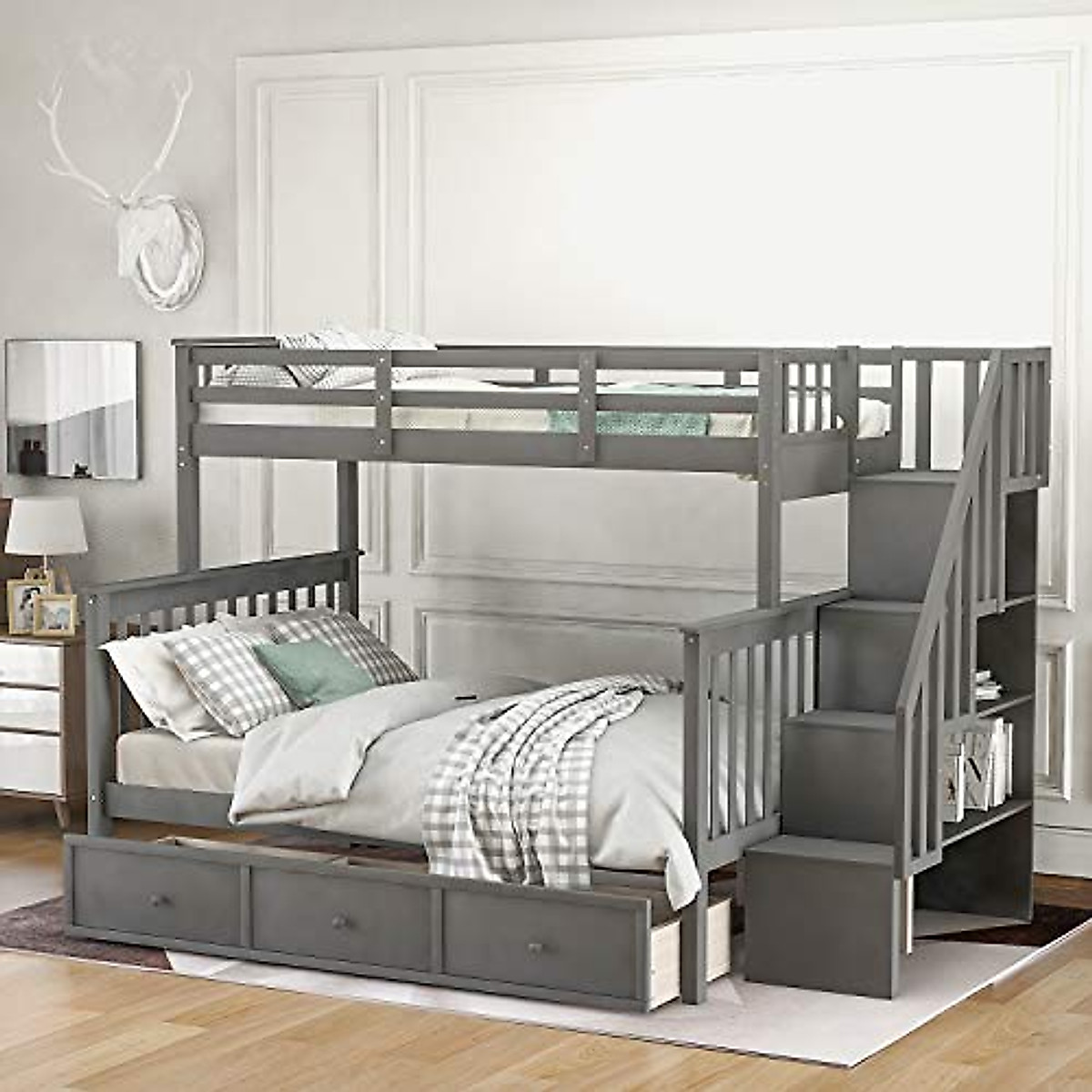 LZ LEISURE ZONE Twin Over Full Bunk Bed with Drawers, Solid Wood Bunk Bed Frame with Stairway, Storage & Guard Rail for Bedroom Dorm, Gray