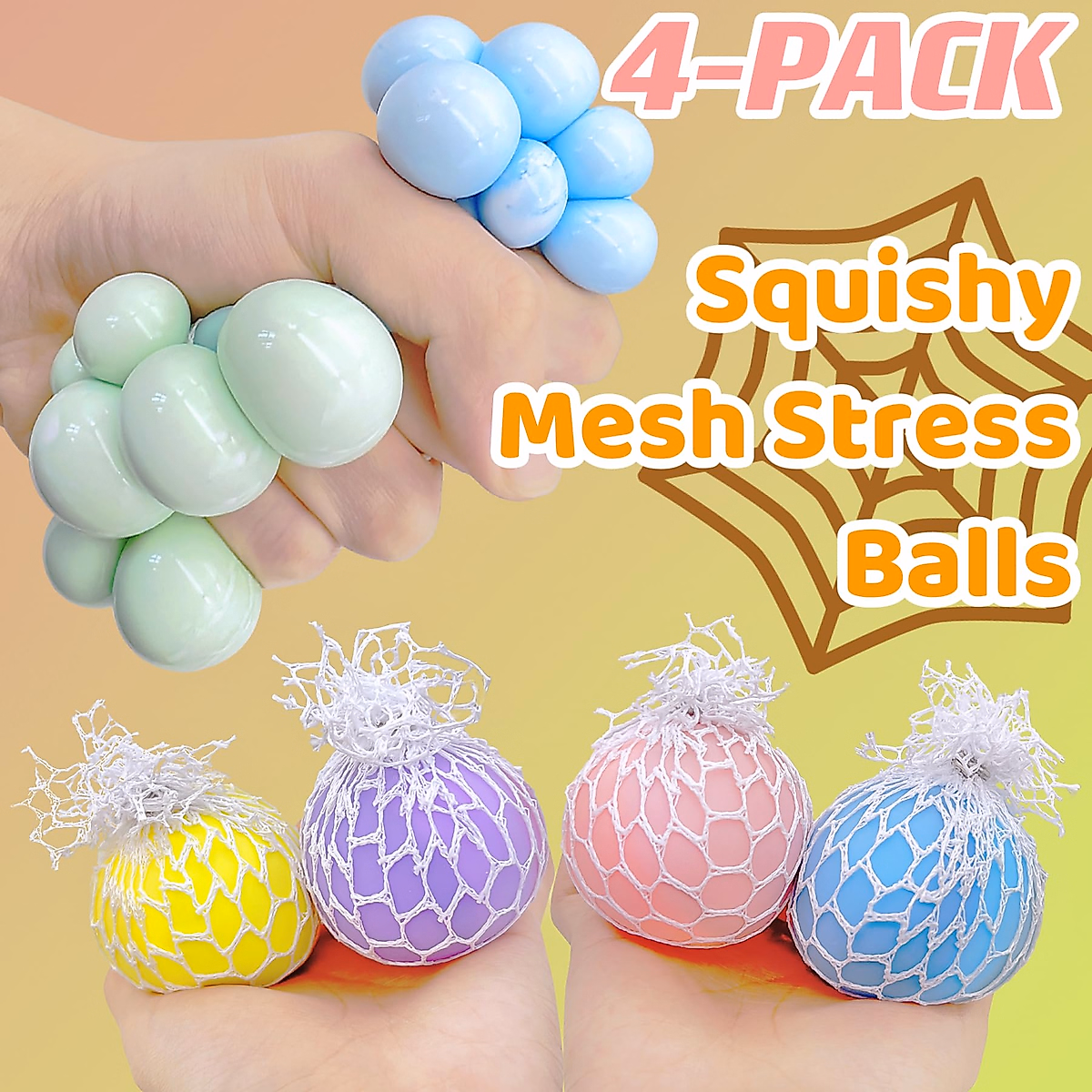 Stress Balls for Kids Fidget Toys Adults Mesh Grape Stress Ball (4Pack) Squishy Toys Fidget Squish Dough Ball Autism Sensory Toys for Autistic Children Stress Relief Toy Party Favors for 8-12